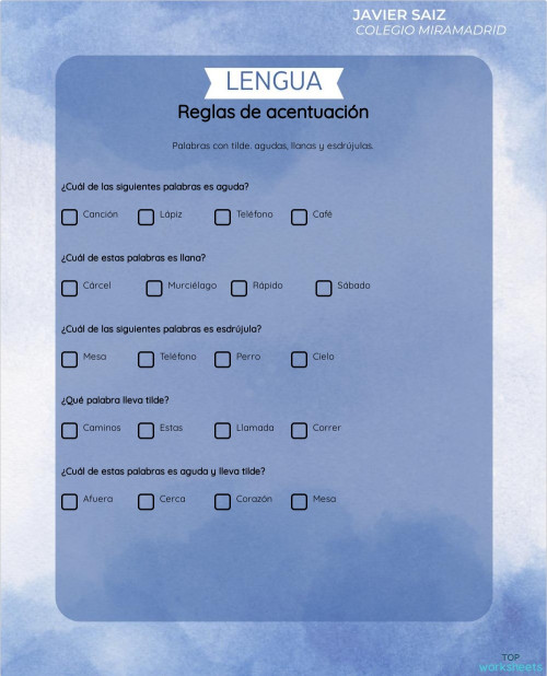 Reglas de acentuación en Español. Ficha interactiva | TopWorksheets
