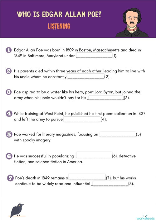 Allan Poe listening. Interactive worksheet | TopWorksheets