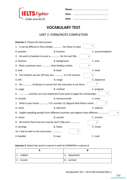 Vocab test 2. Interactive worksheet | TopWorksheets