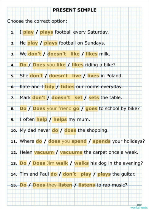 Present simple. Ficha interactiva | TopWorksheets