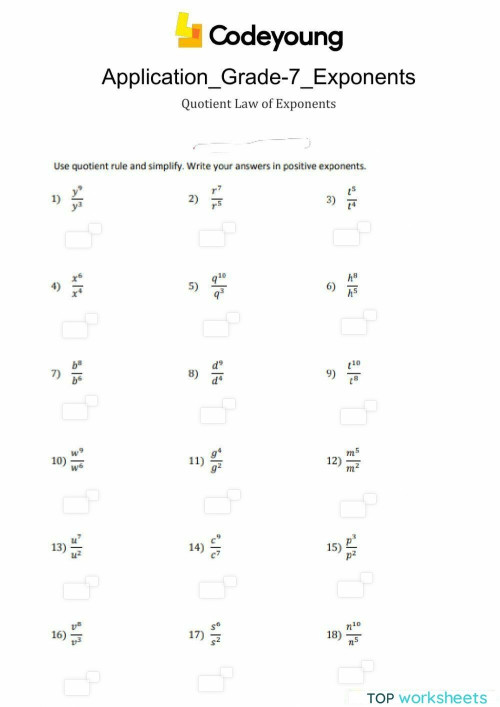 Quotient Law of Exponents Application. Interactive worksheet ...