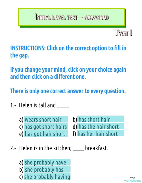 Initial level test - advanced - part 1. Interactive worksheet ...