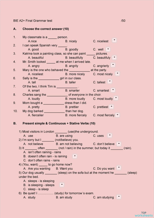 BIE A2+ Final Grammar Test. Interactive worksheet | TopWorksheets