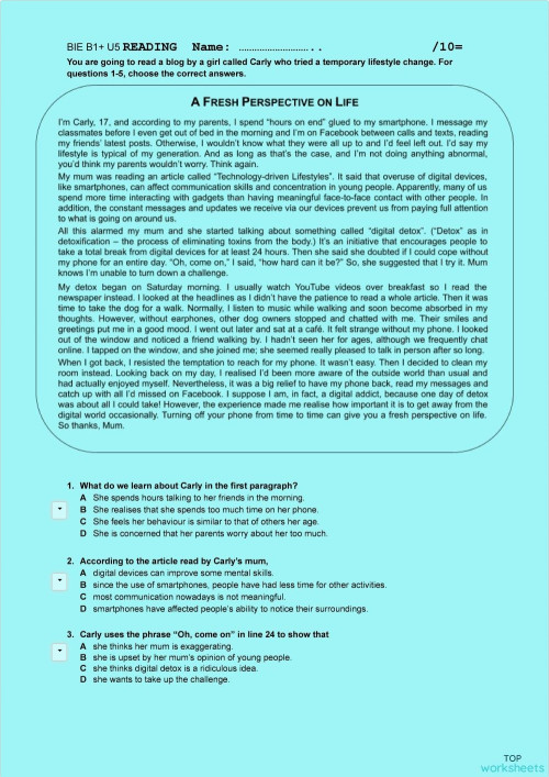 BIE B2 Reading U5. Interactive worksheet | TopWorksheets