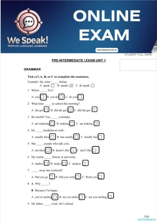 PRE INTERMEDIATE 1 EXAM UNIT 1. Interactive worksheet | TopWorksheets