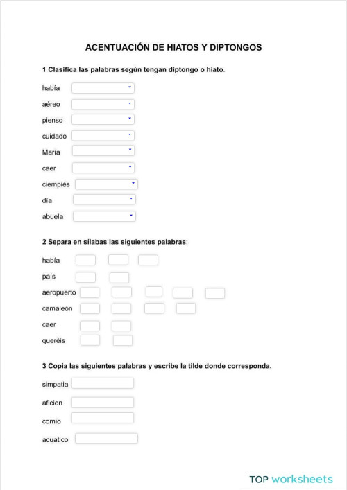 Acentuación de hiatos y diptongos. Ficha interactiva | TopWorksheets