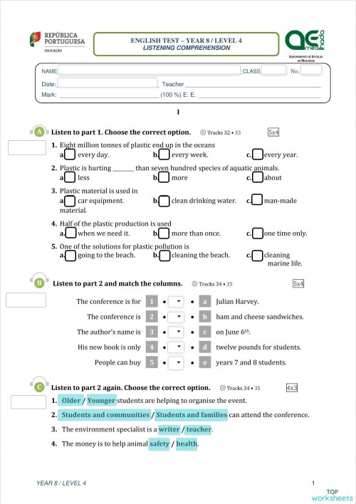 8th Grade Listening Test 3rd Term. Interactive worksheet | TopWorksheets