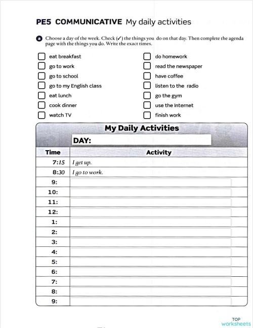 My daily activities. Interactive worksheet | TopWorksheets