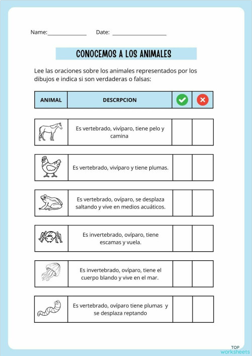 Animales Vertebrados E Invertebrados Ficha Para Imprimir Topworksheets