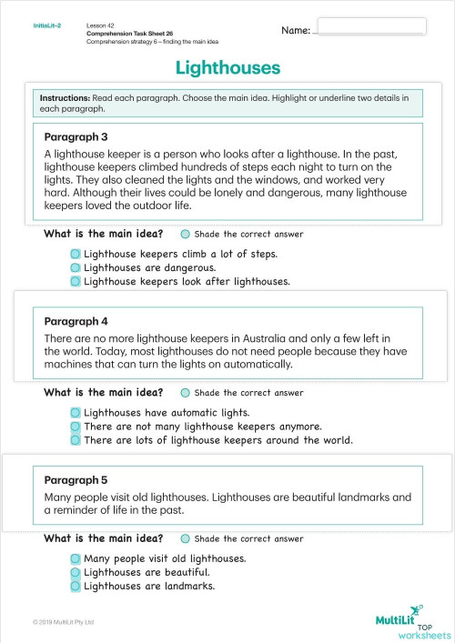 Lesson 42 Lighthouses Finding the main idea. Interactive worksheet ...