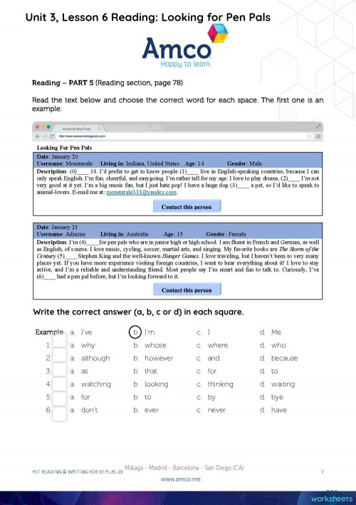 3ESO Unit 3: Reading "Looking for Pen Pals". Interactive worksheet ...
