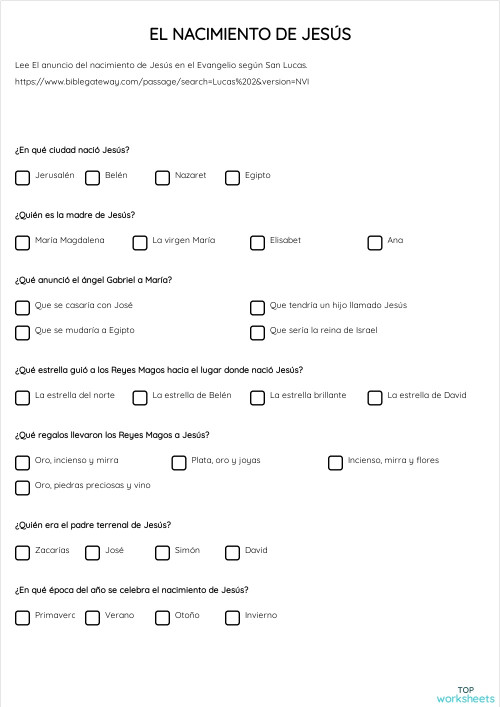 EL NACIMIENTO DE JESÚS. Ficha interactiva | TopWorksheets