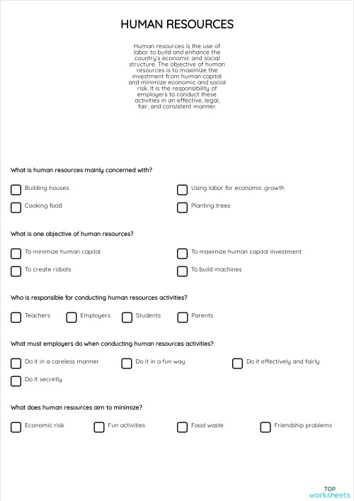 HUMAN RESOURCES. Interactive worksheet | TopWorksheets