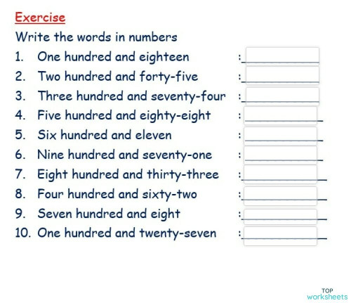 Words to numbers (hundred). Interactive worksheet | TopWorksheets