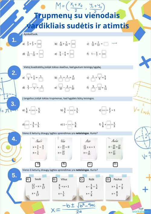 Veiksmai su paprastosiomis trupmenomis: interactive worksheets and online exercises | TopWorksheets
