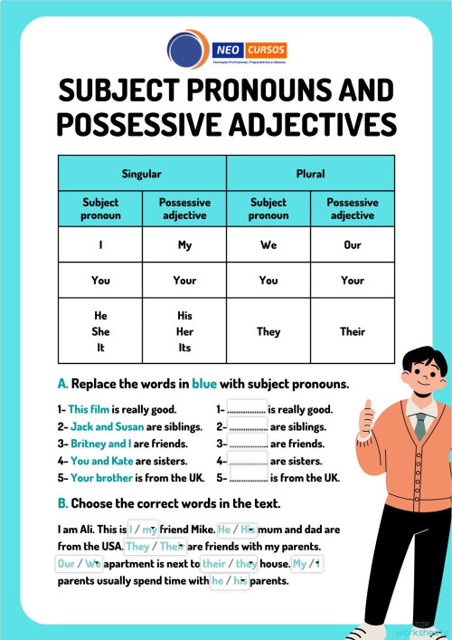 Subject pronouns and possessive adjectives. Interactive worksheet ...