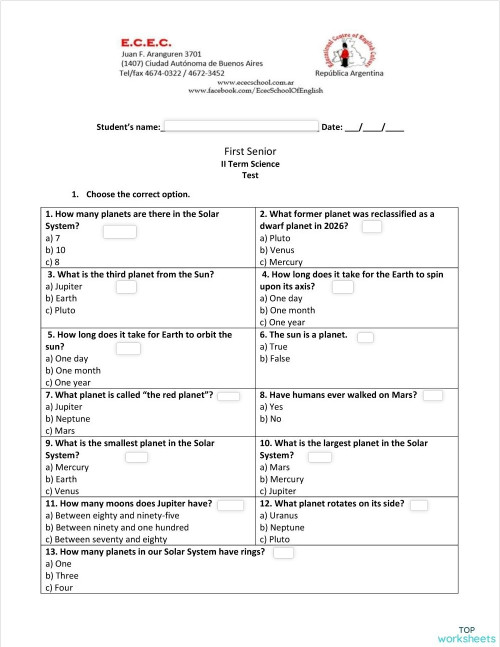 SS 2nd Term Science Test. Interactive worksheet | TopWorksheets