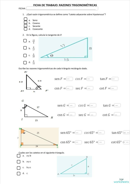 RAZONES TRIGONOMETRICAS -FICHA 2. Ficha interactiva | TopWorksheets