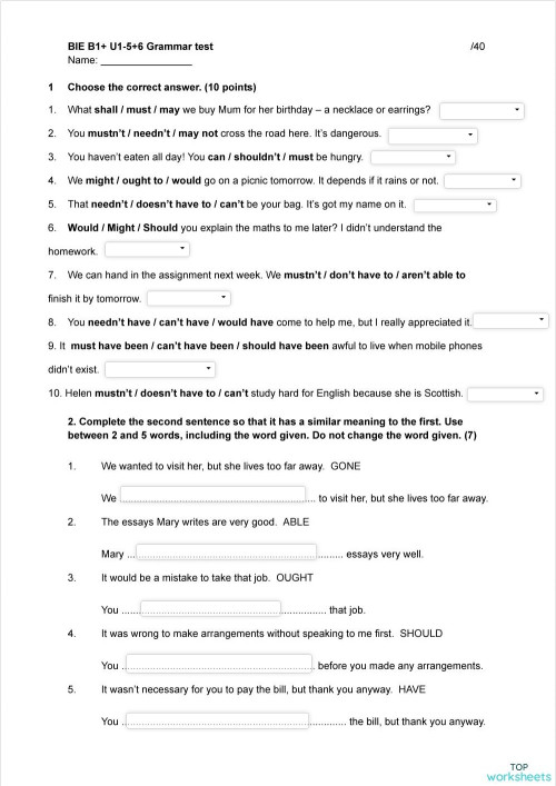 Modal Verbs of Obligation. Interactive worksheet | TopWorksheets