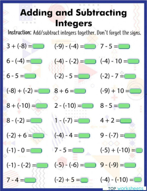 Adding & subtracting Integers. Interactive worksheet | TopWorksheets