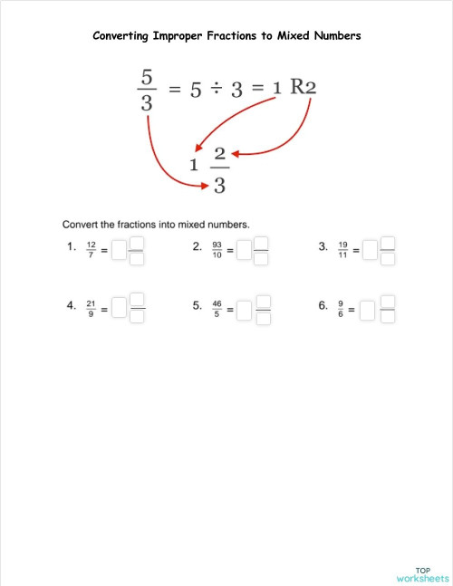 Converting Improper Fractions to Mixed Numbers. Interactive worksheet ...