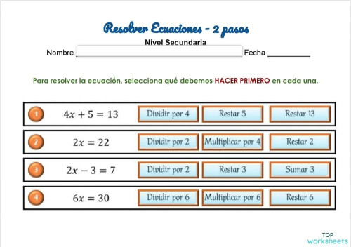 Ecuaciones - dos pasos (1). Ficha interactiva | TopWorksheets