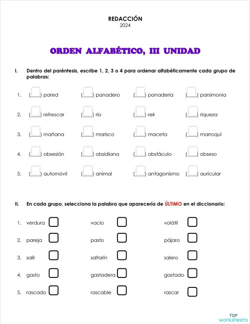 orden alfabético: fichas interactivas y ejercicios online | TopWorksheets