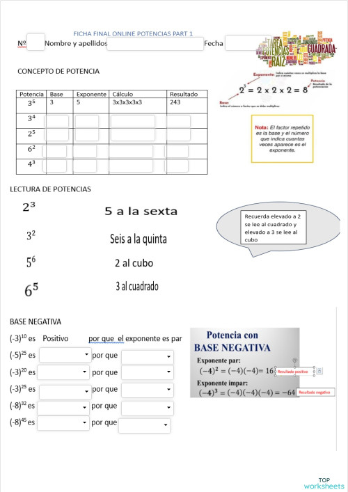 REPASAMOS POTENCIAS Y RAÍCES. Ficha interactiva | TopWorksheets