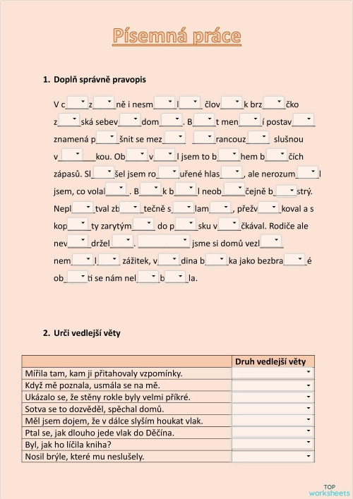 Čeština: interaktivní pracovní listy a online cvičení | TopWorksheets