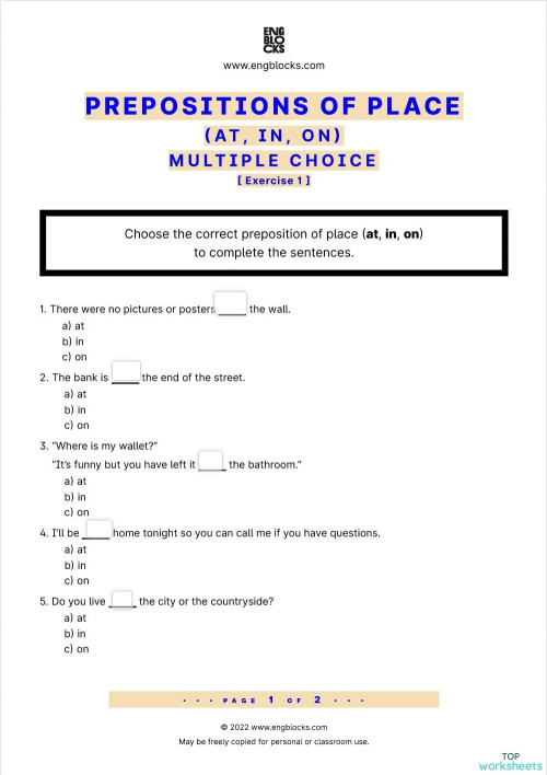 prepositions-of-place-at-in-on-multiple-choice-exercise-1. Interactive ...