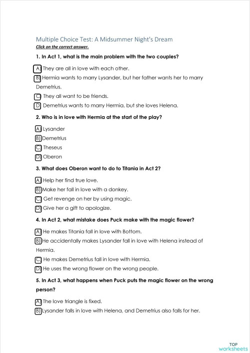 A Midsummer Night's Dream. Interactive worksheet | TopWorksheets