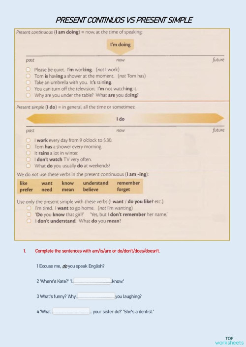 PRESENT SIMPLE VS PRESENT CONTINUOUS. Interactive worksheet | TopWorksheets