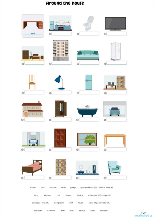 Around the house. Interactive worksheet | TopWorksheets