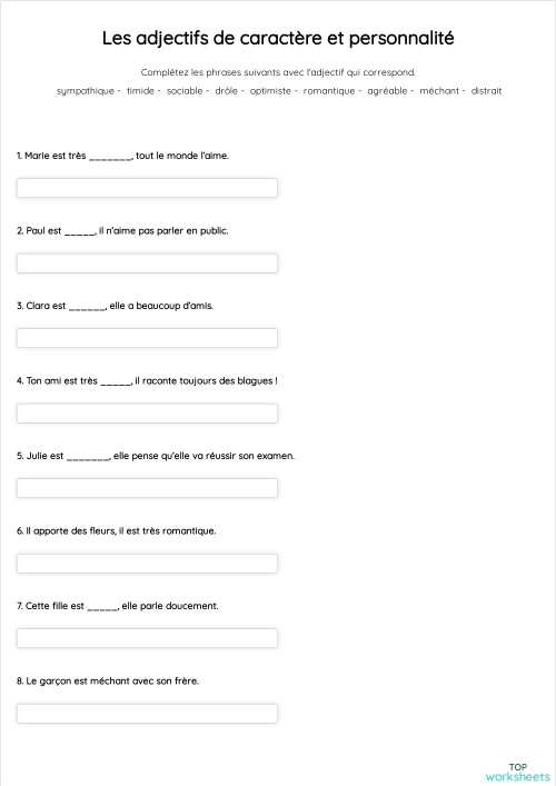 Les adjectifs de caractère et personnalité. Fiche interactive ...