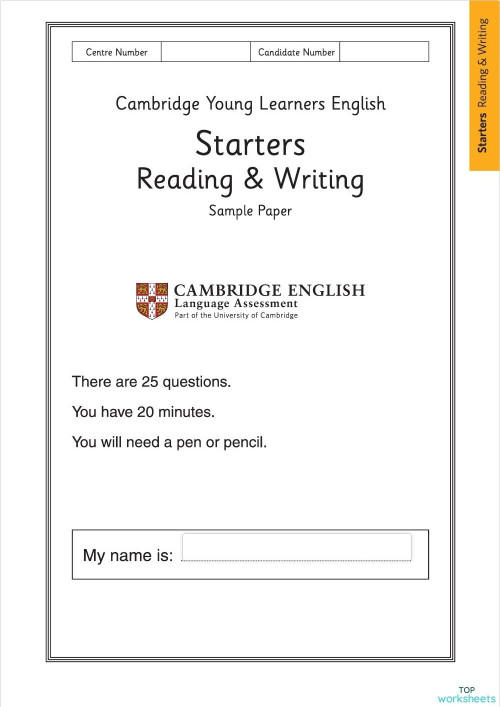 Starters Writing V1 2014. Interactive worksheet | TopWorksheets
