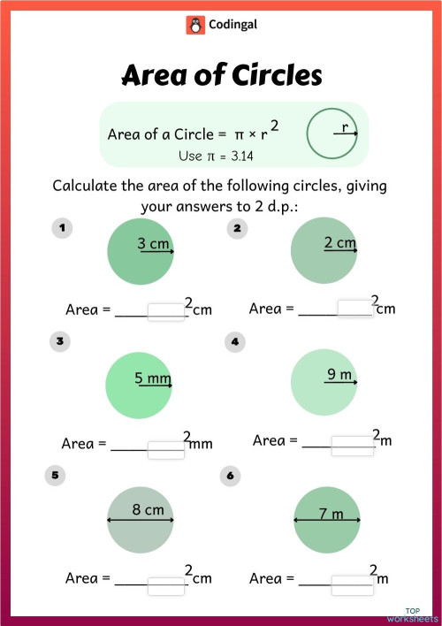 M_G07M14L50_WC02_Area of circles. Interactive worksheet | TopWorksheets