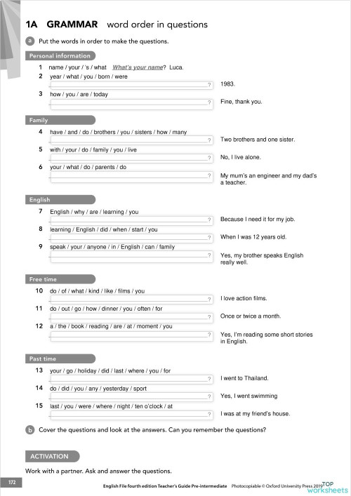 PGE 1A: Word order in questions. Interactive worksheet | TopWorksheets