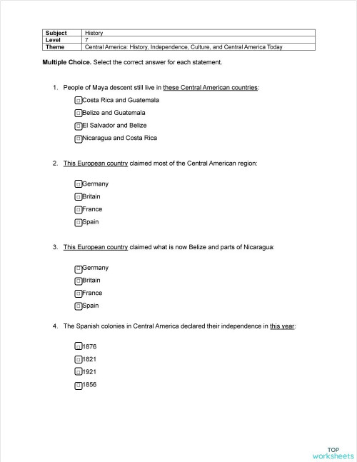 Central America's History Practice. Interactive worksheet | TopWorksheets