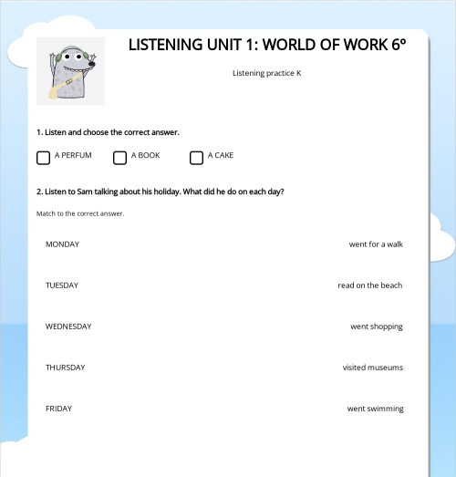 LISTENING UNIT 1: WORLD OF WORK 6º. Interactive worksheet | TopWorksheets