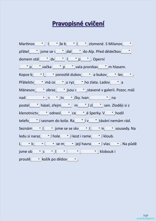 Koncovky podstatných jmen 1. Interaktivní pracovní list | TopWorksheets