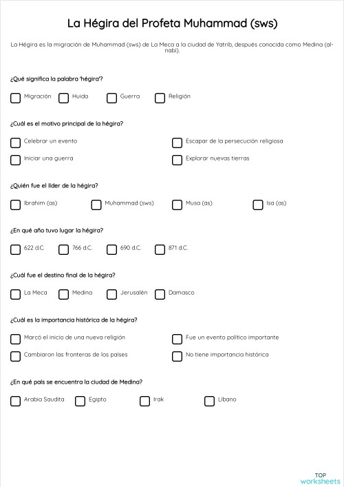 Religión Islámica: fichas interactivas y ejercicios online | TopWorksheets