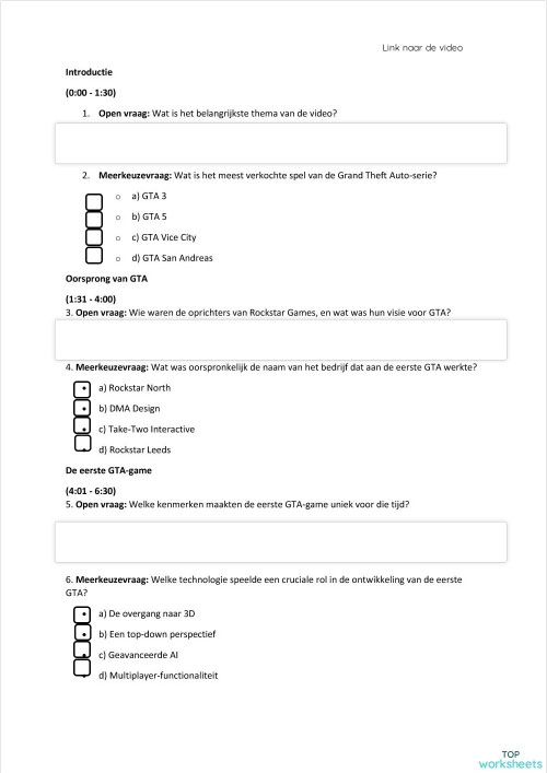 GTA vragen. Interactief werkblad | TopWorksheets