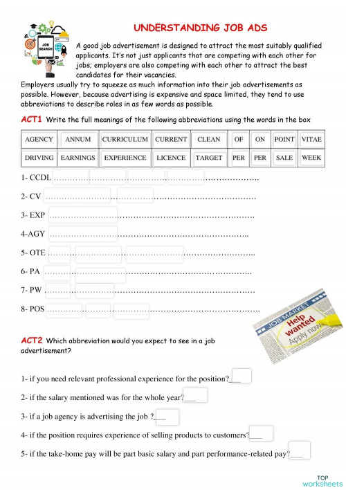 JOB ADS- ABBREVIATIONS. Interactive worksheet | TopWorksheets