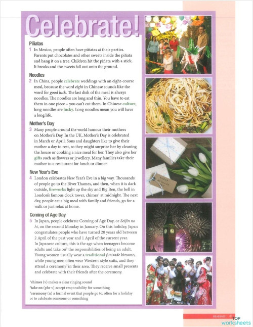 READING PRACTICE 1 - FESTIVALS AND HOLIDAY. Interactive worksheet ...