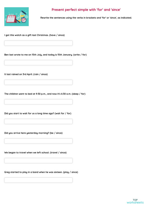 Present perfect simple with 'for' and 'since'. Interactive worksheet ...