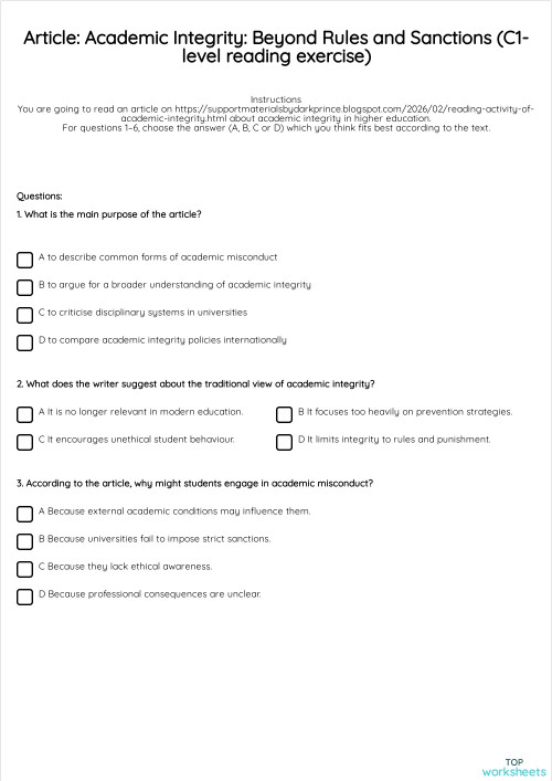 Article: Academic Integrity at University (A1 level). Interactive ...