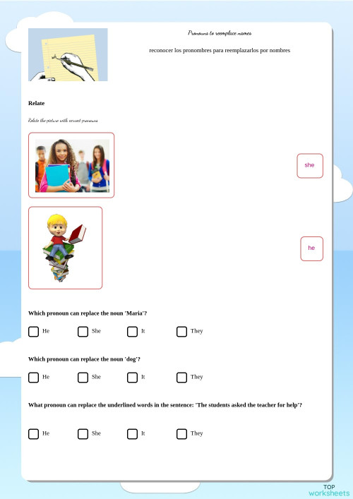 Pronouns to reemplace names. Interactive worksheet | TopWorksheets
