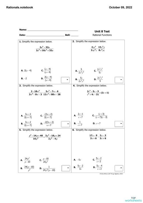 Rational Functions Test. Interactive worksheet | TopWorksheets
