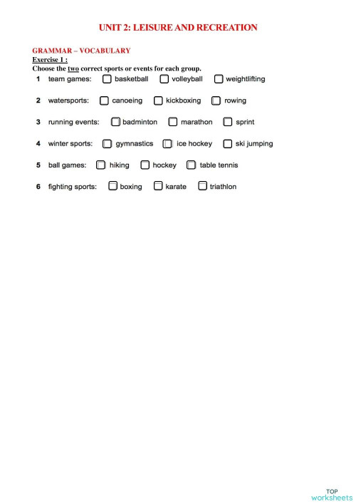 Unit 2 - Leisure and Recreation. Interactive worksheet | TopWorksheets