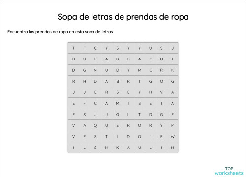 Sopa de letras de prendas de ropa. Ficha interactiva | TopWorksheets